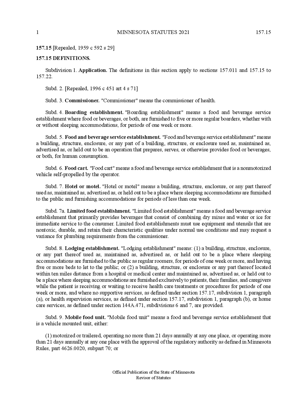 Minnesota Statutes Title 157: Definitions for Food and Beverage Service ...