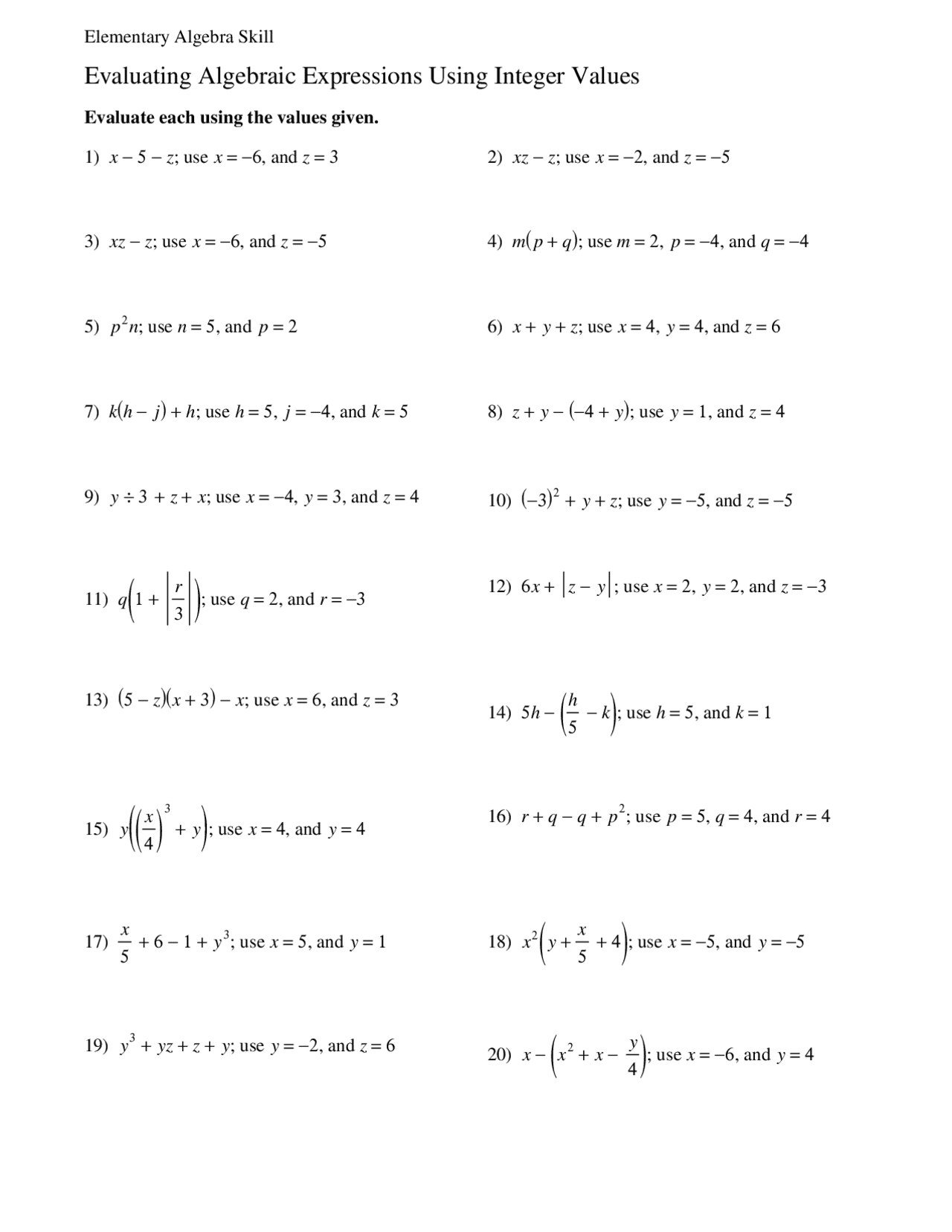 Evaluating Algebraic Expressions Using Integer Values Lecture Notes