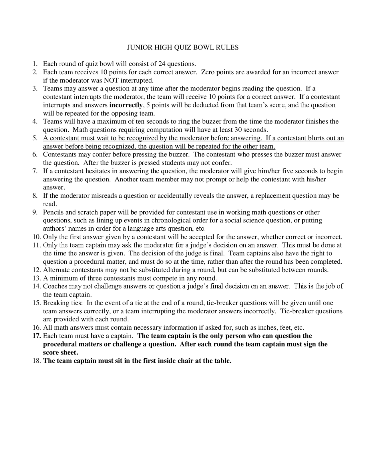 JUNIOR HIGH QUIZ BOWL RULES Study Guides Projects Research JUNIOR HIGH QUIZ BOWL RULES Study Guides Projects Research