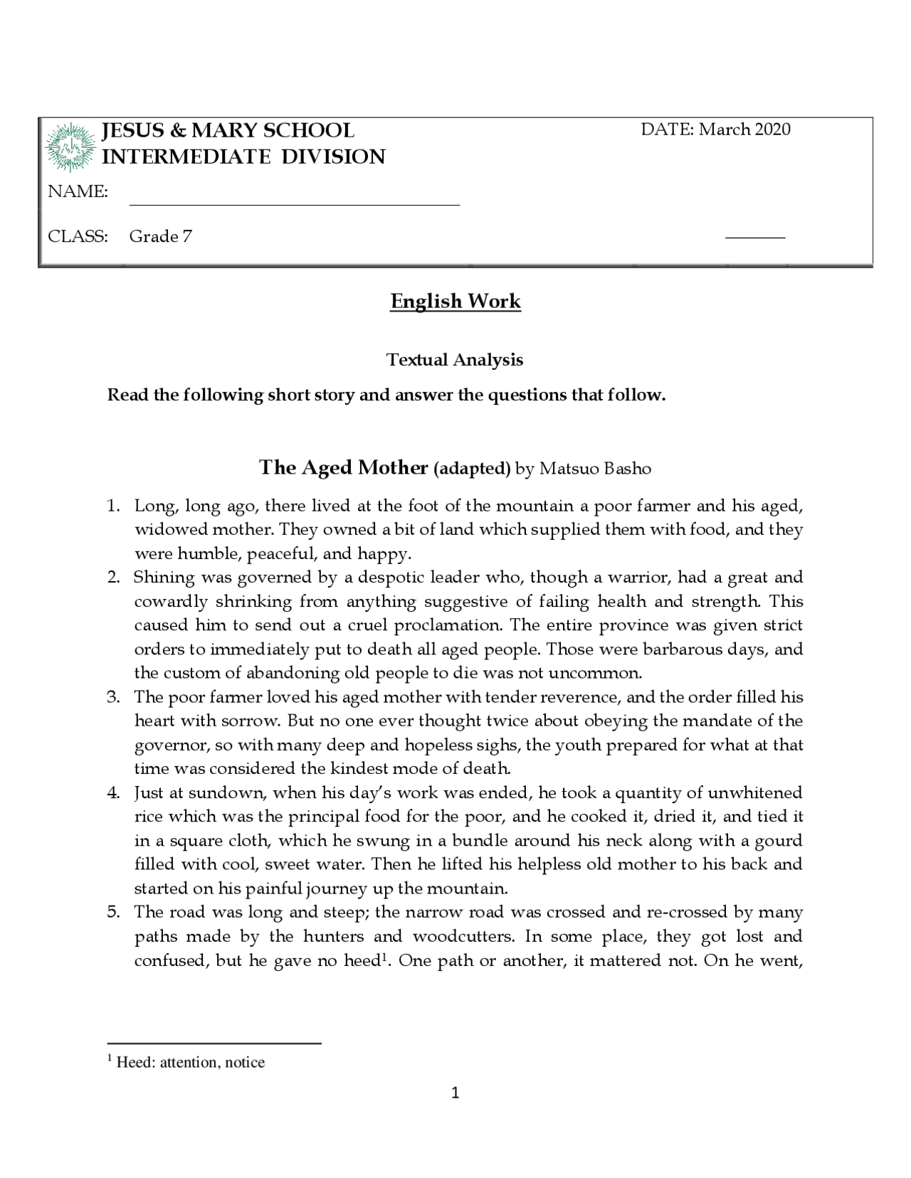 English Work The Aged Mother (adapted) by Matsuo Basho ... | Schemes ...