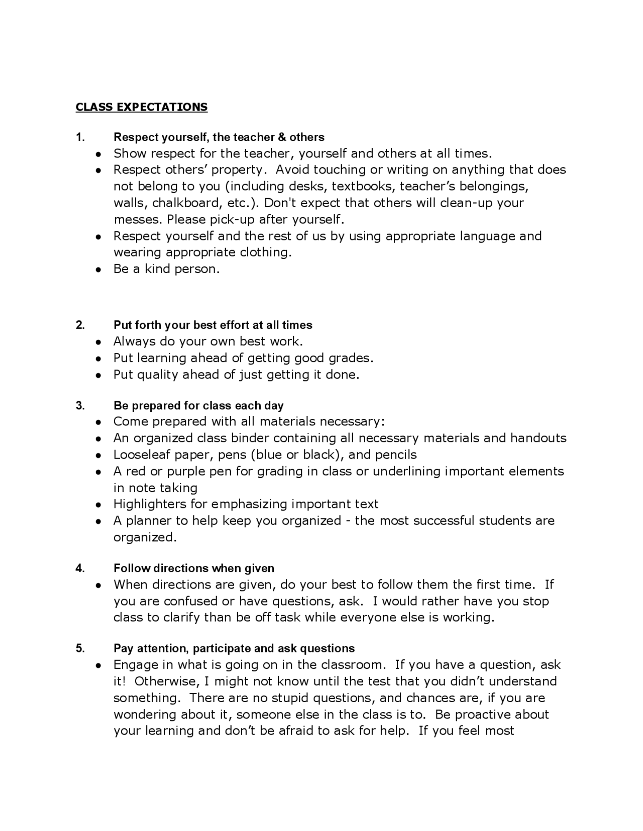 Class Expectations, Rules, and Consequences: Student Guidelines for ...