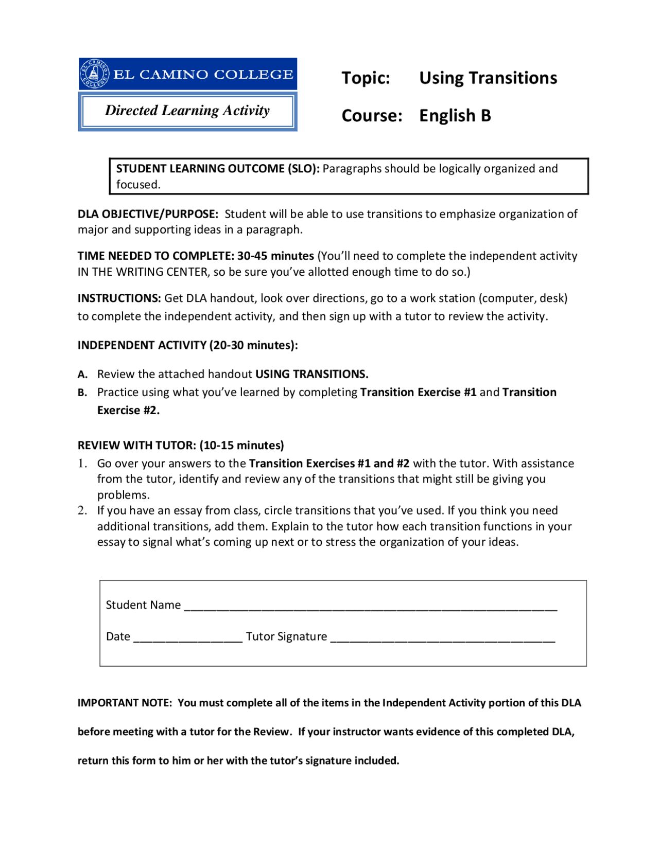 Topic Using Transitions Course English B Slides English Literature