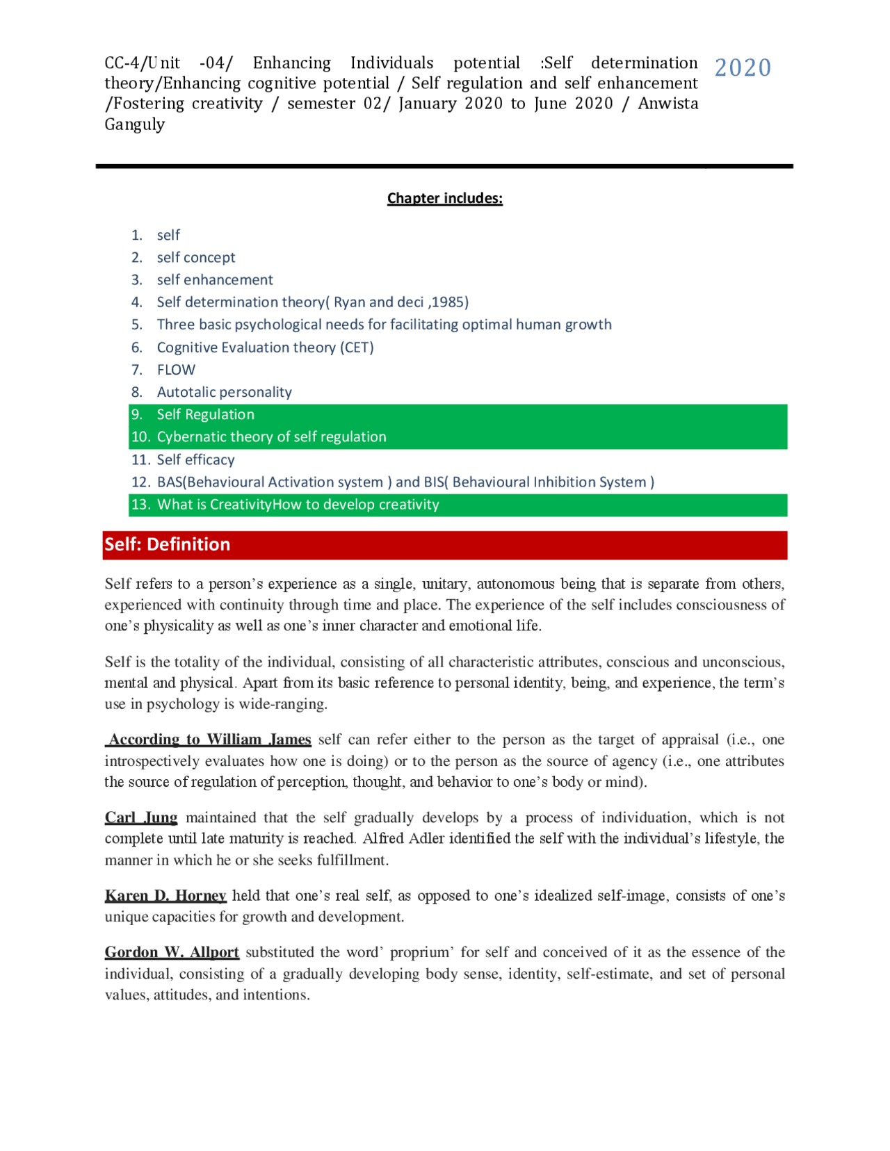 Self Definition Lecture Notes Psychology Docsity