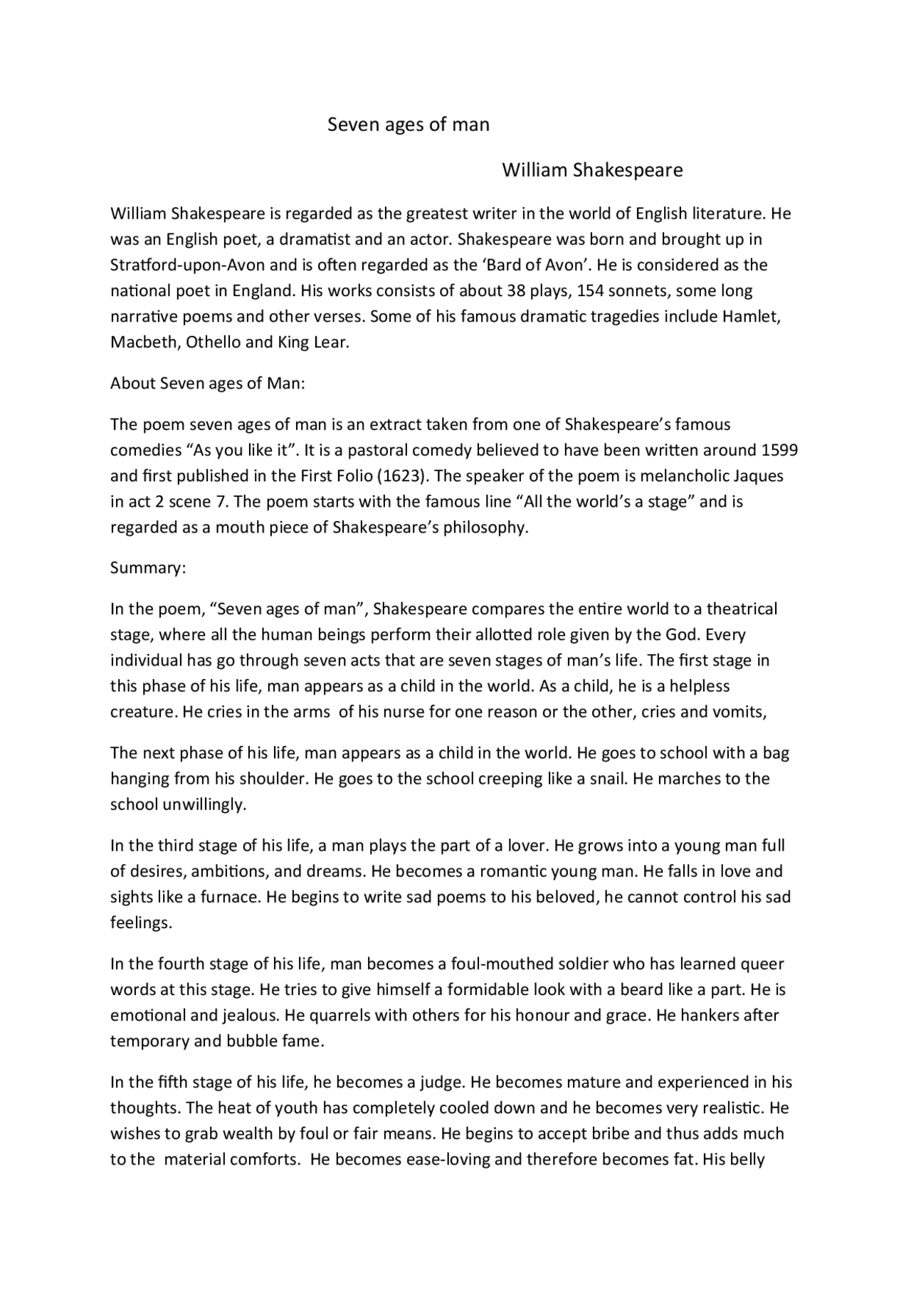Seven ages of man William Shakespeare | Study Guides, Projects ...