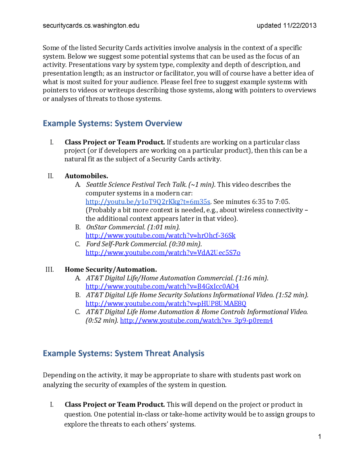 Security Cards: Example Systems and Threat Analysis for Class ...