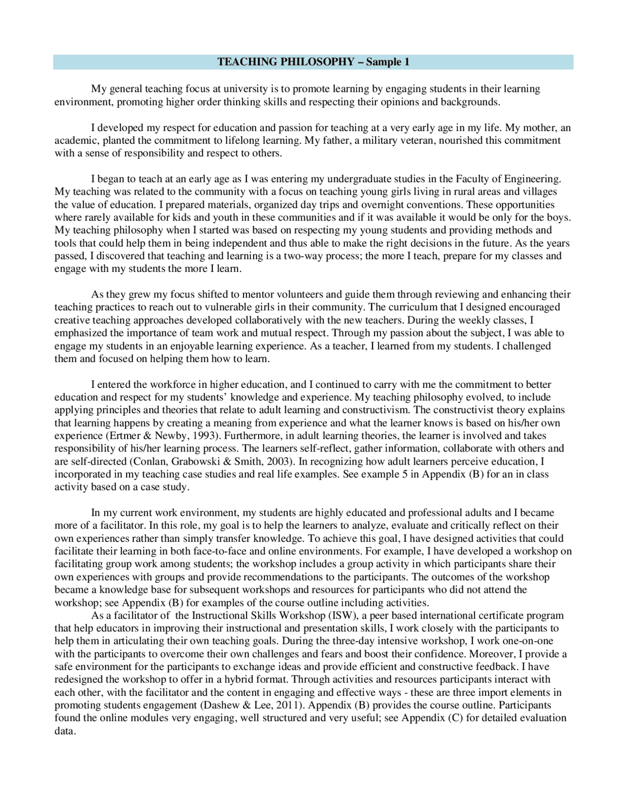 TEACHING PHILOSOPHY – Sample 1 | Slides Philosophy | Docsity