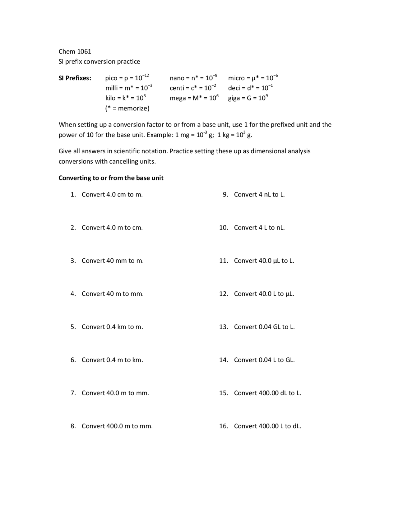 SI Prefixes Conversion Practice: Dimensional Analysis with Cancelling ...
