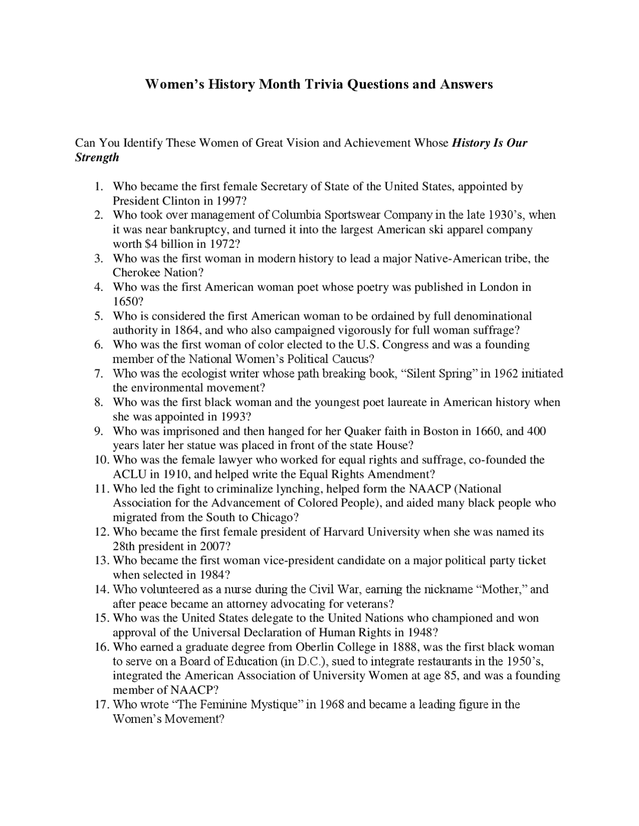 Women's History Month Trivia Questions and Answers | Study notes ...
