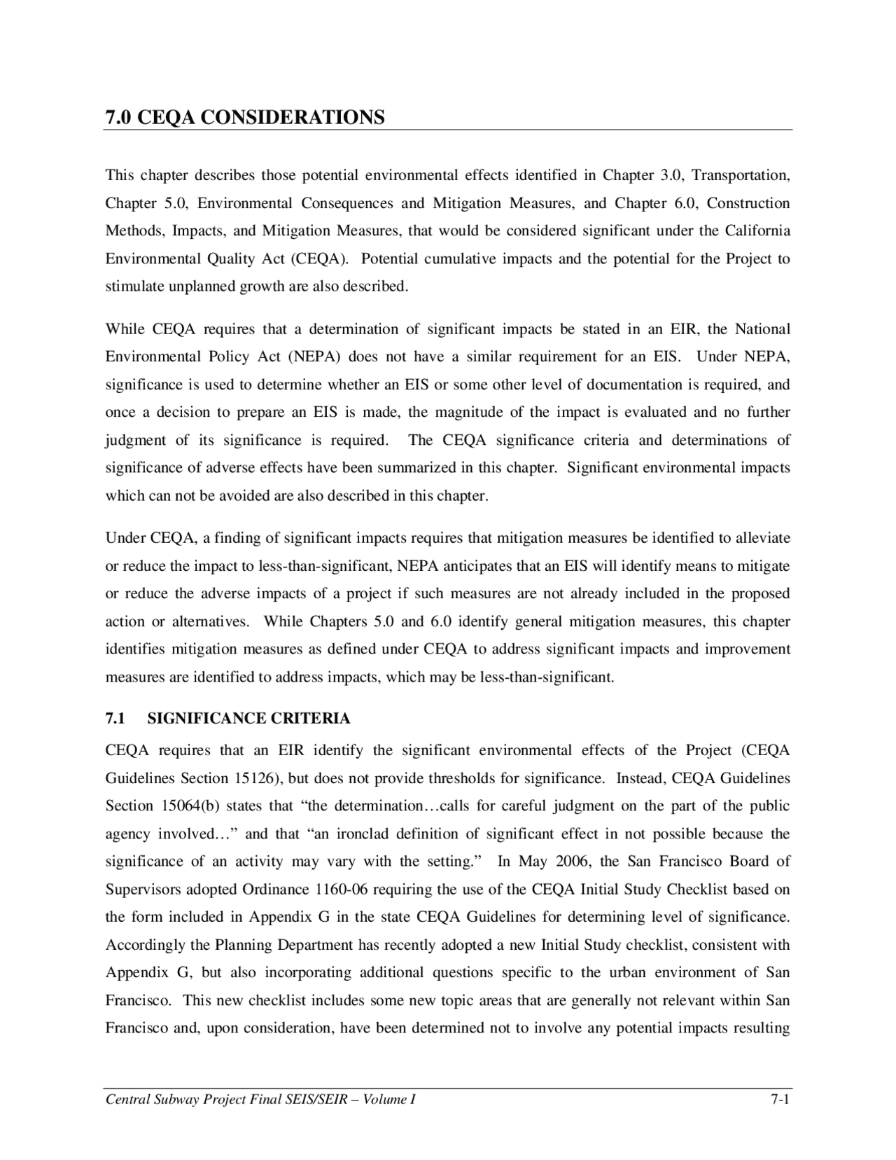 7.0 CEQA CONSIDERATIONS | Study notes Construction | Docsity