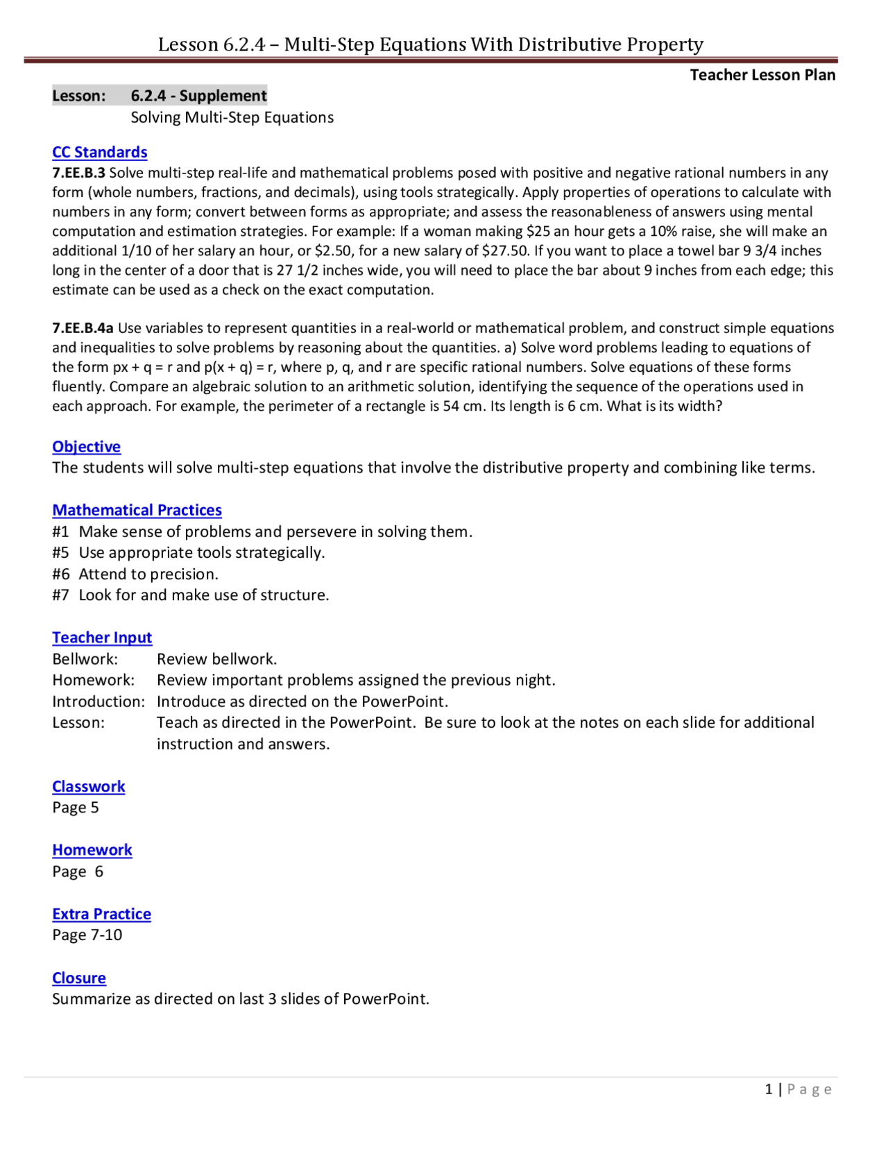 Lesson 6.2.4 – Multi-Step Equations With Distributive Property | Summaries Reasoning | Docsity