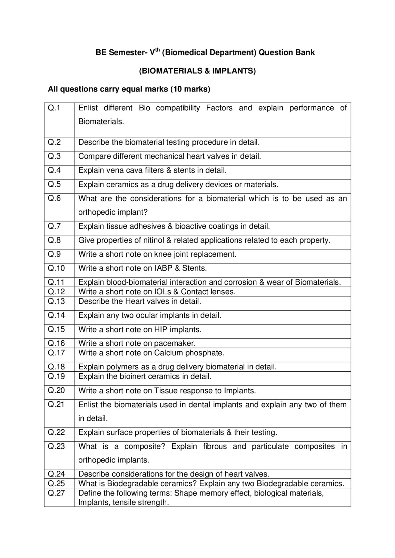 Biomedical Department Question Bank Lecture Notes Biomaterials