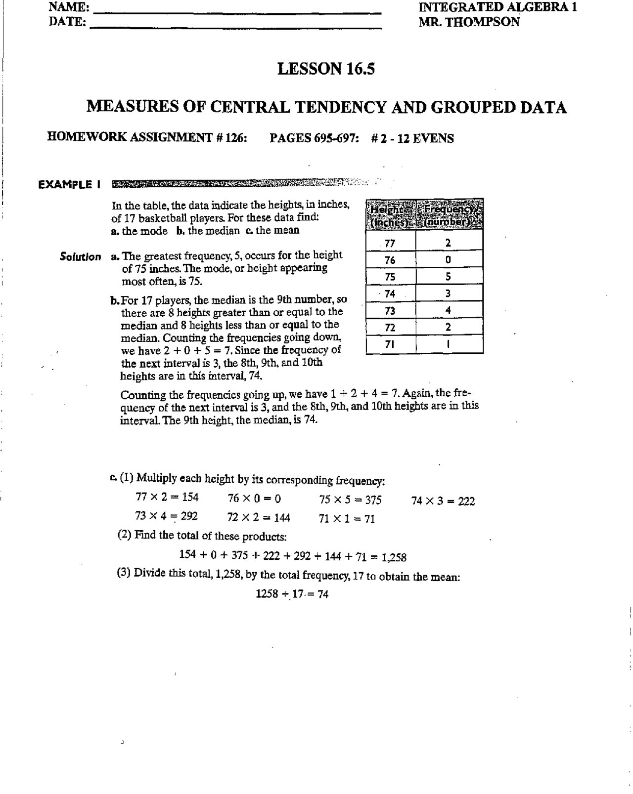 Lesson 165 Measures Of Central Tendency And Assignments Algebra