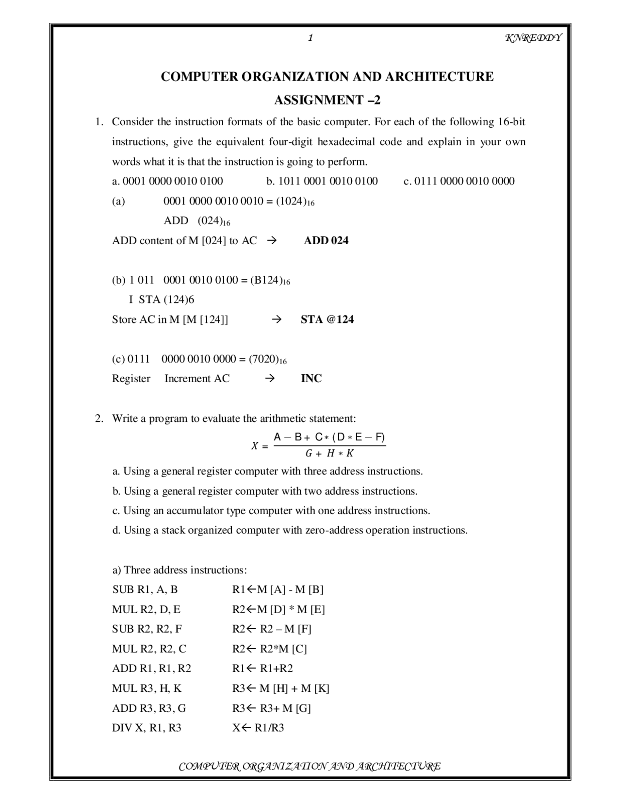Computer Organization and Architecture: Instruction Formats & Arithmetic Expressions | Exercises ...