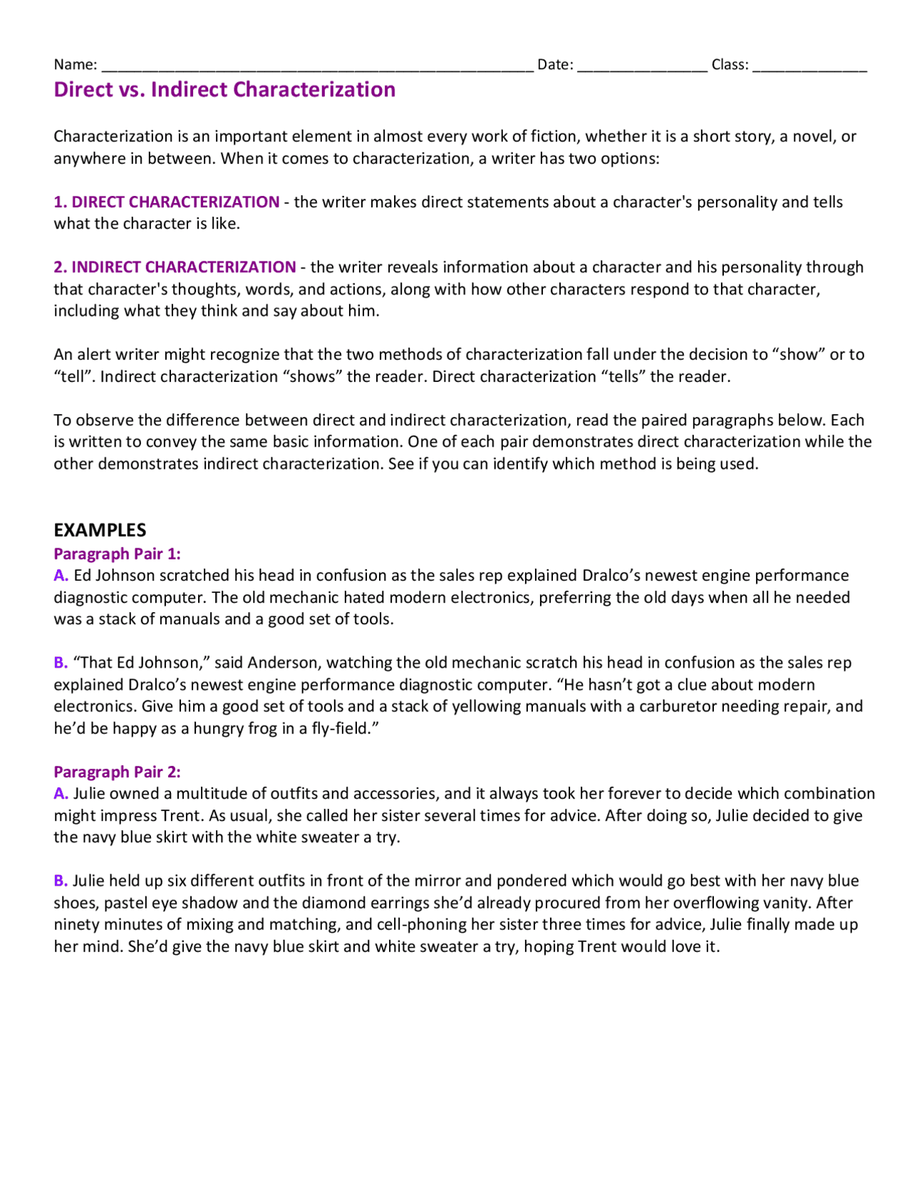 Direct Vs Indirect Characterization Worksheet Indirect And Direct