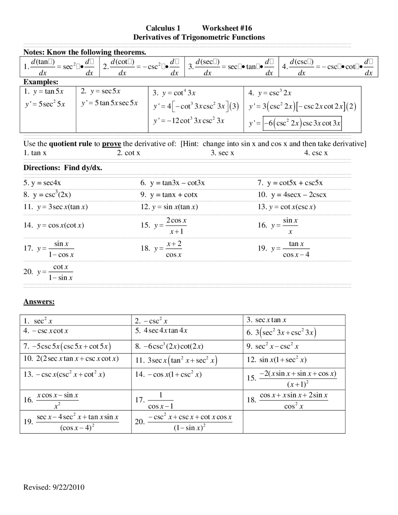 Calculus 1 Worksheet #16 Derivatives of Trigonometric ... | Study notes ...