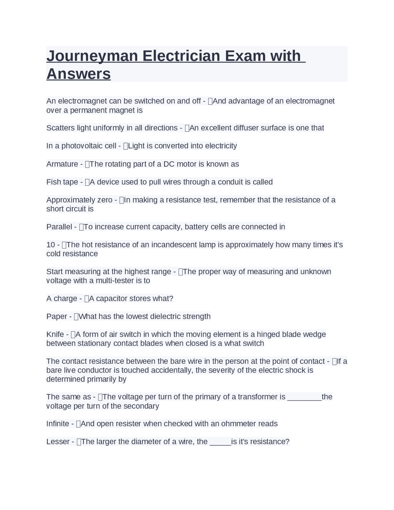 Journeyman Electrician Exam with Answers. | Exams Nursing - Docsity