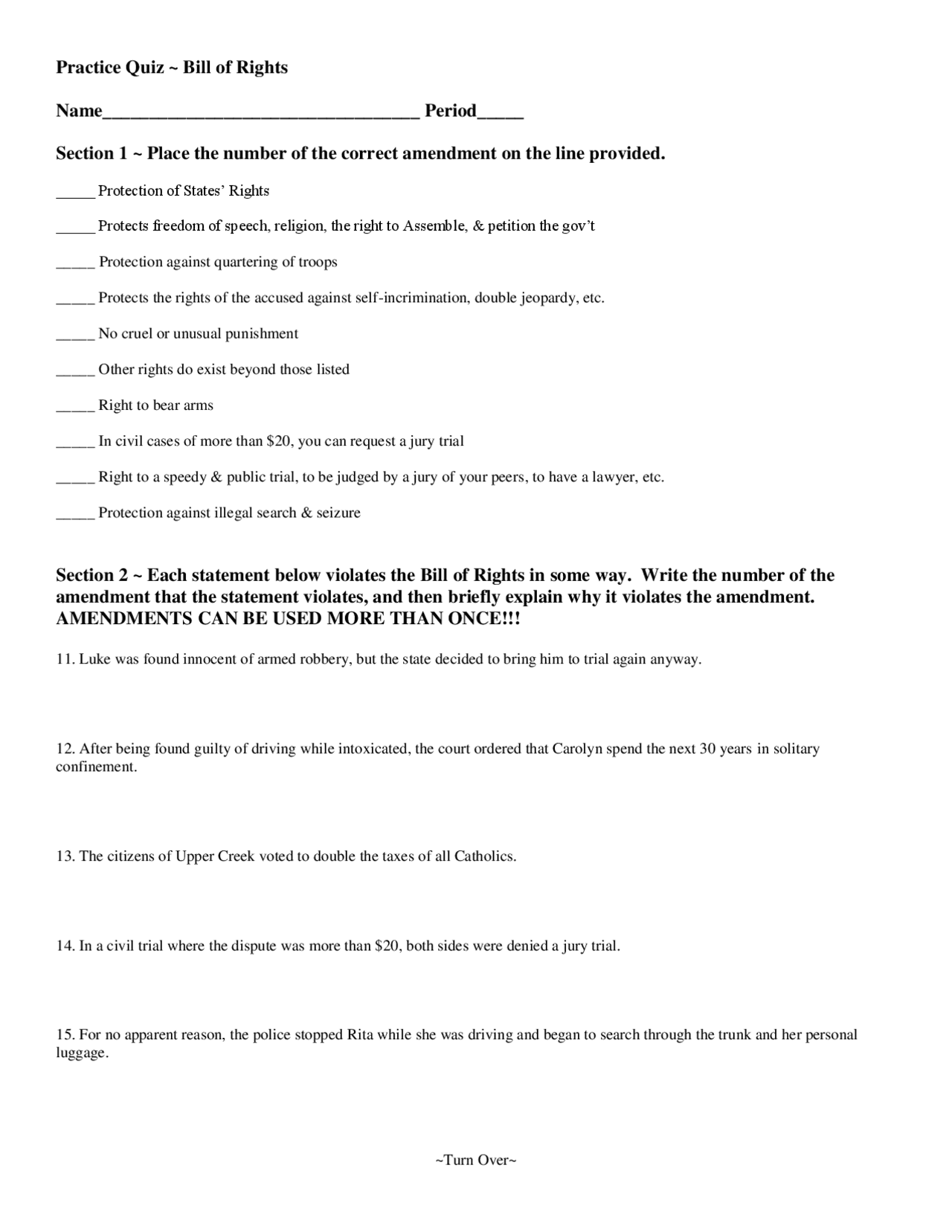 Bill of Rights Quiz: Amendments and Violations | Assignments Religion ...