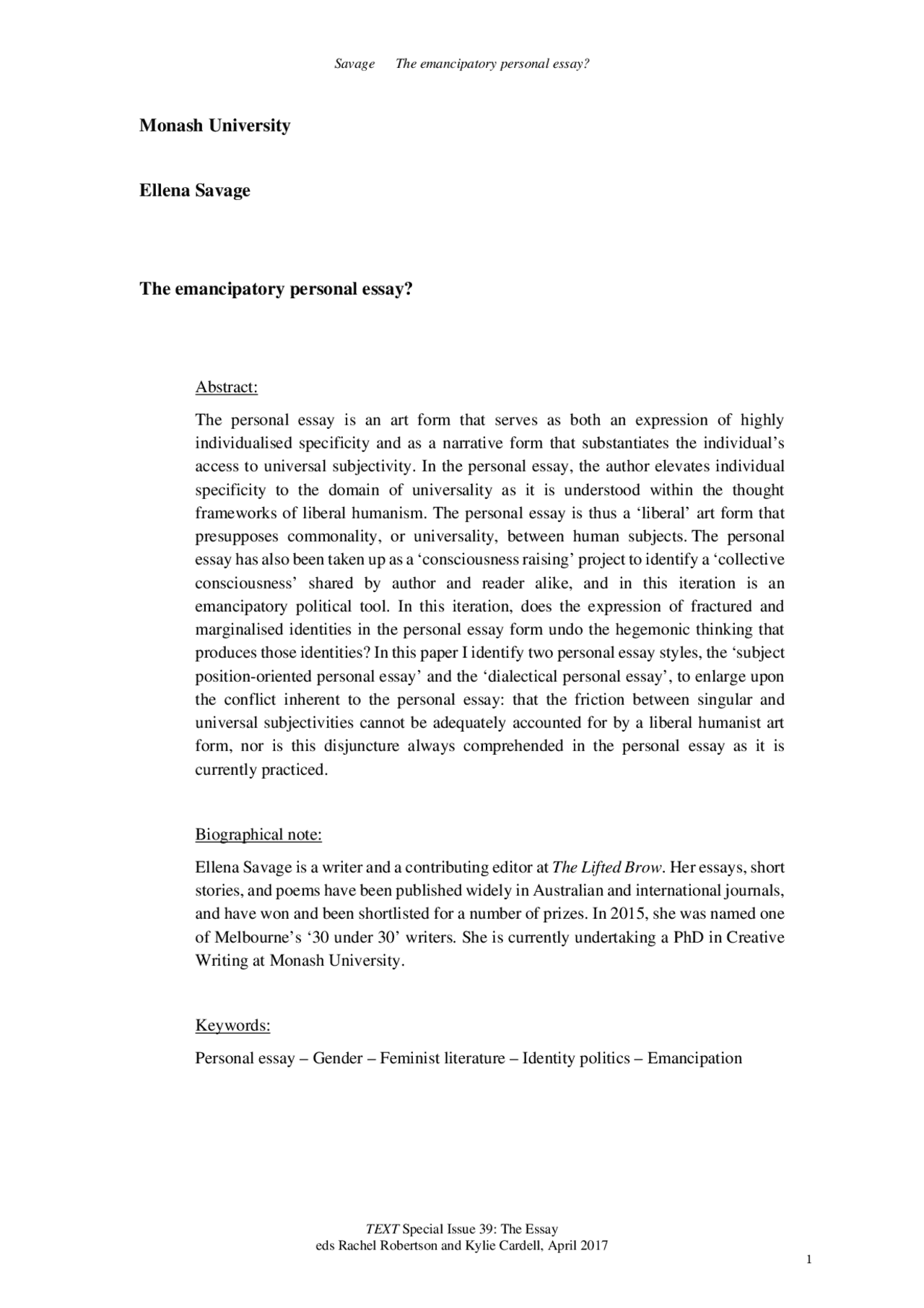 Monash University Ellena Savage The emancipatory personal ... | Lecture ...