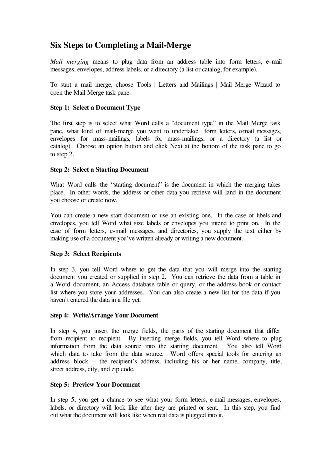 Six Steps To Completing A Mail Merge Exercises Printing Docsity