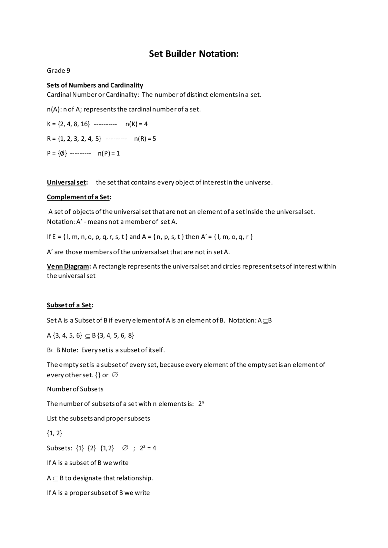 Sets and Cardinality in Mathematics: Grade 9 Worksheet | Study Guides ...