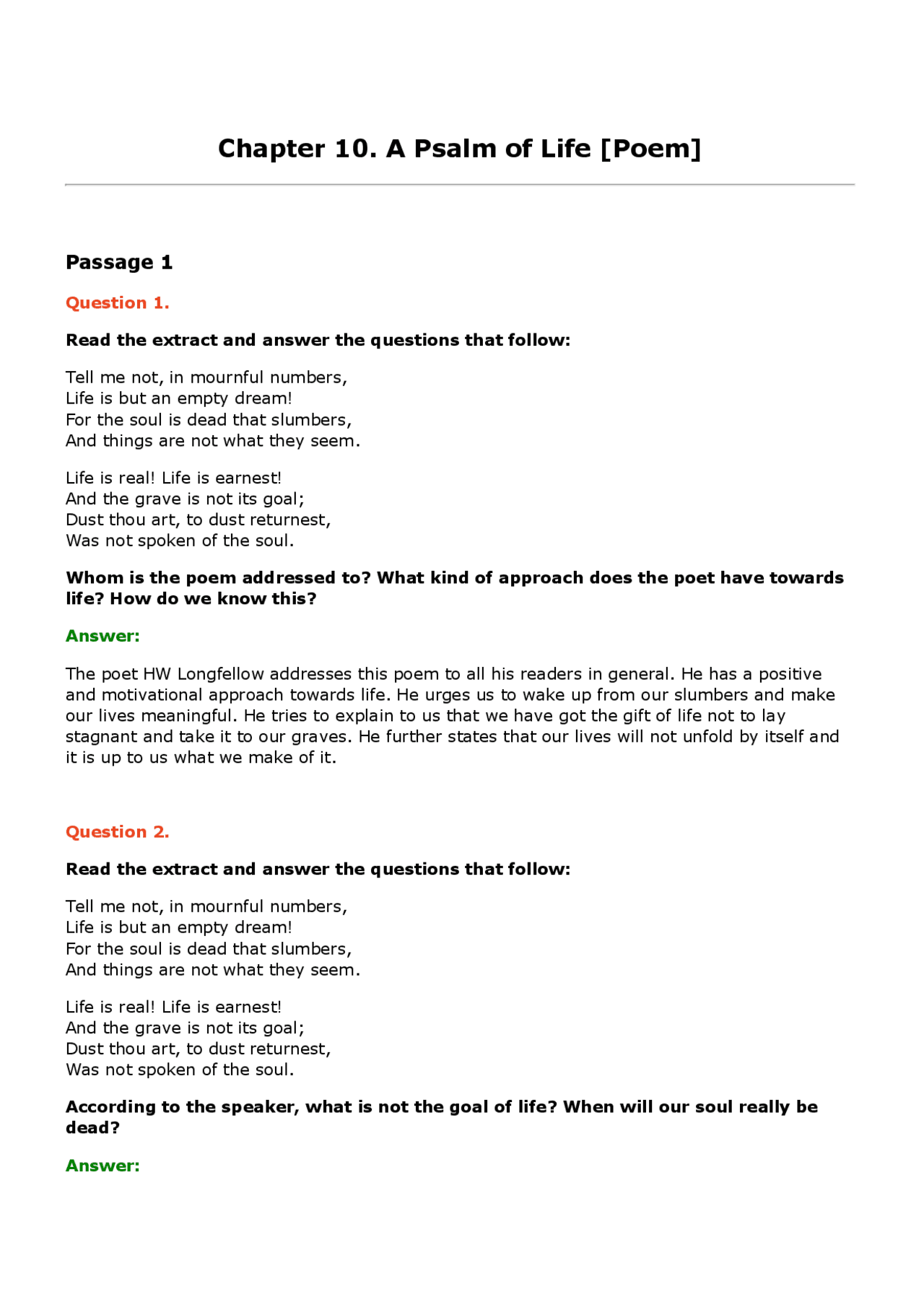 Chapter 10. A Psalm of Life [Poem] | Exercises Art | Docsity