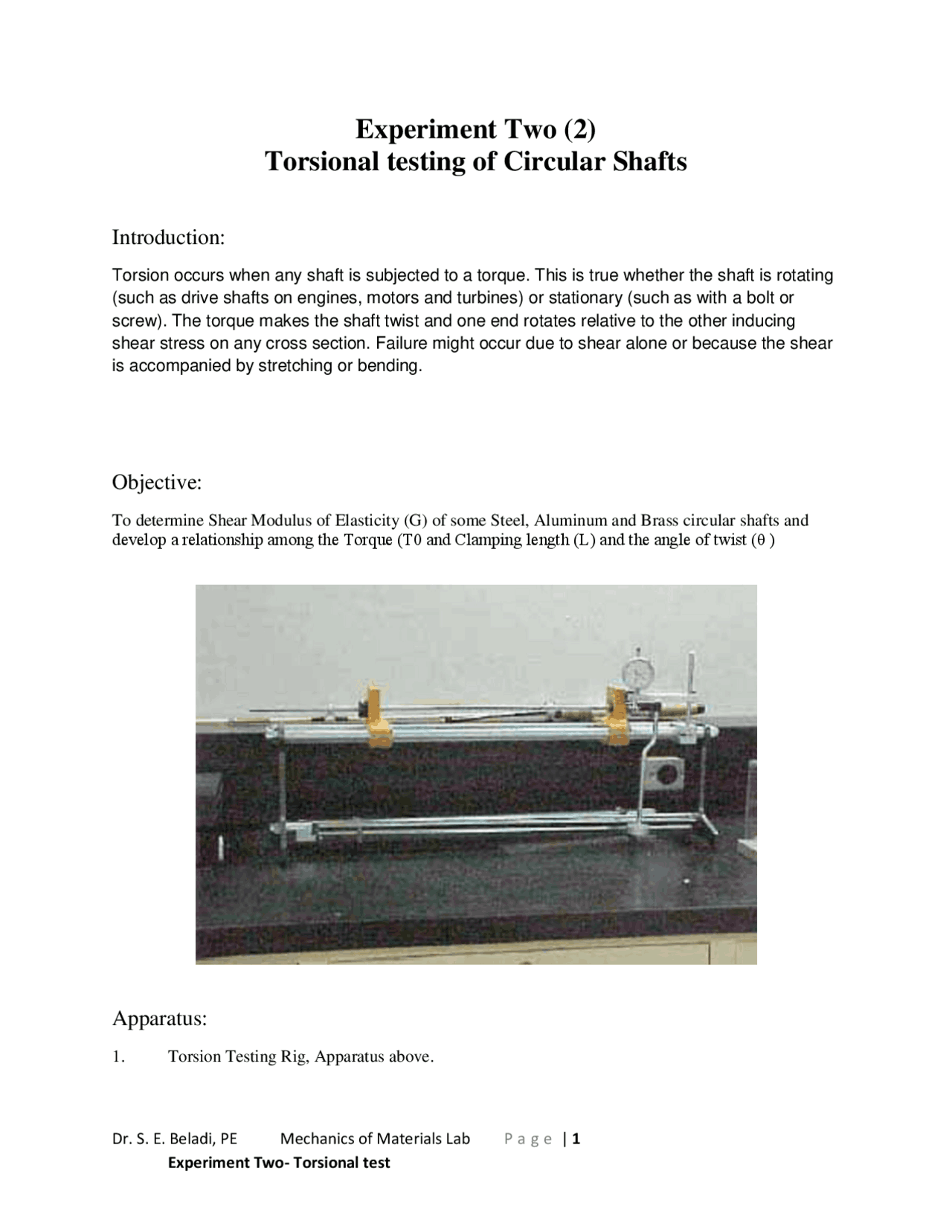 Experiment Two (2) Torsional testing of Circular Shafts | Assignments ...