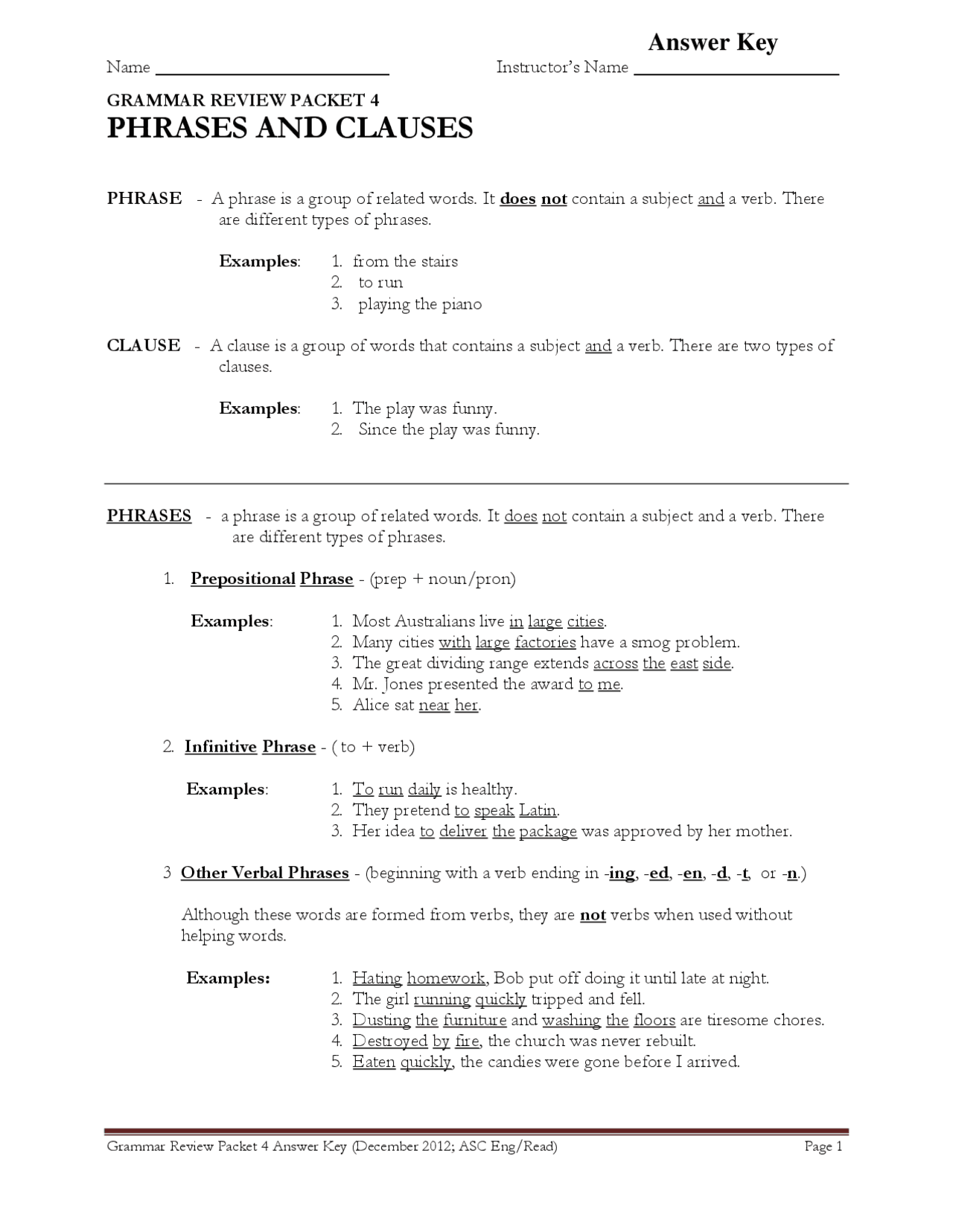 Grammarreviewpacket4phra Slides Piano Docsity