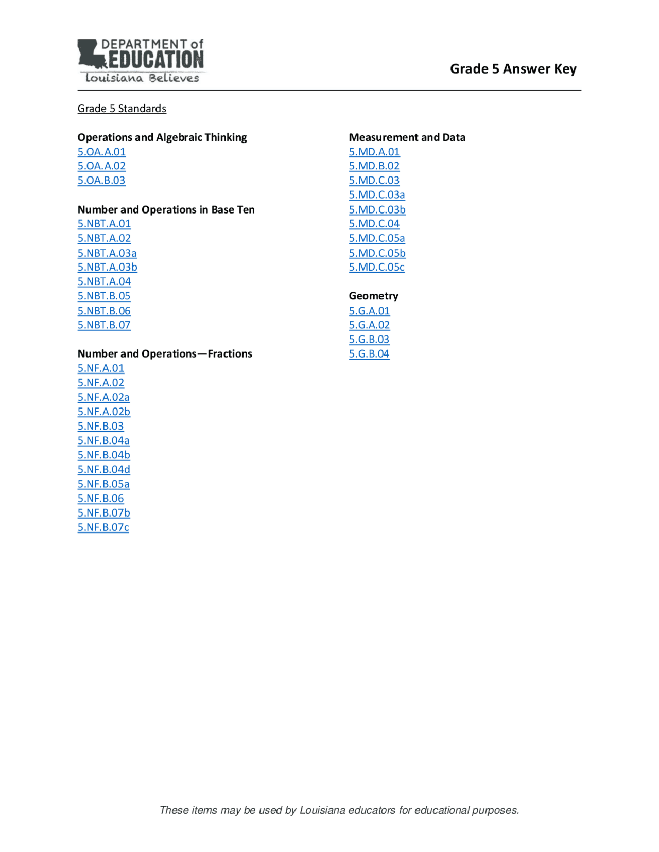 Grade 5 Answer Key | Study Guides, Projects, Research Geometry | Docsity