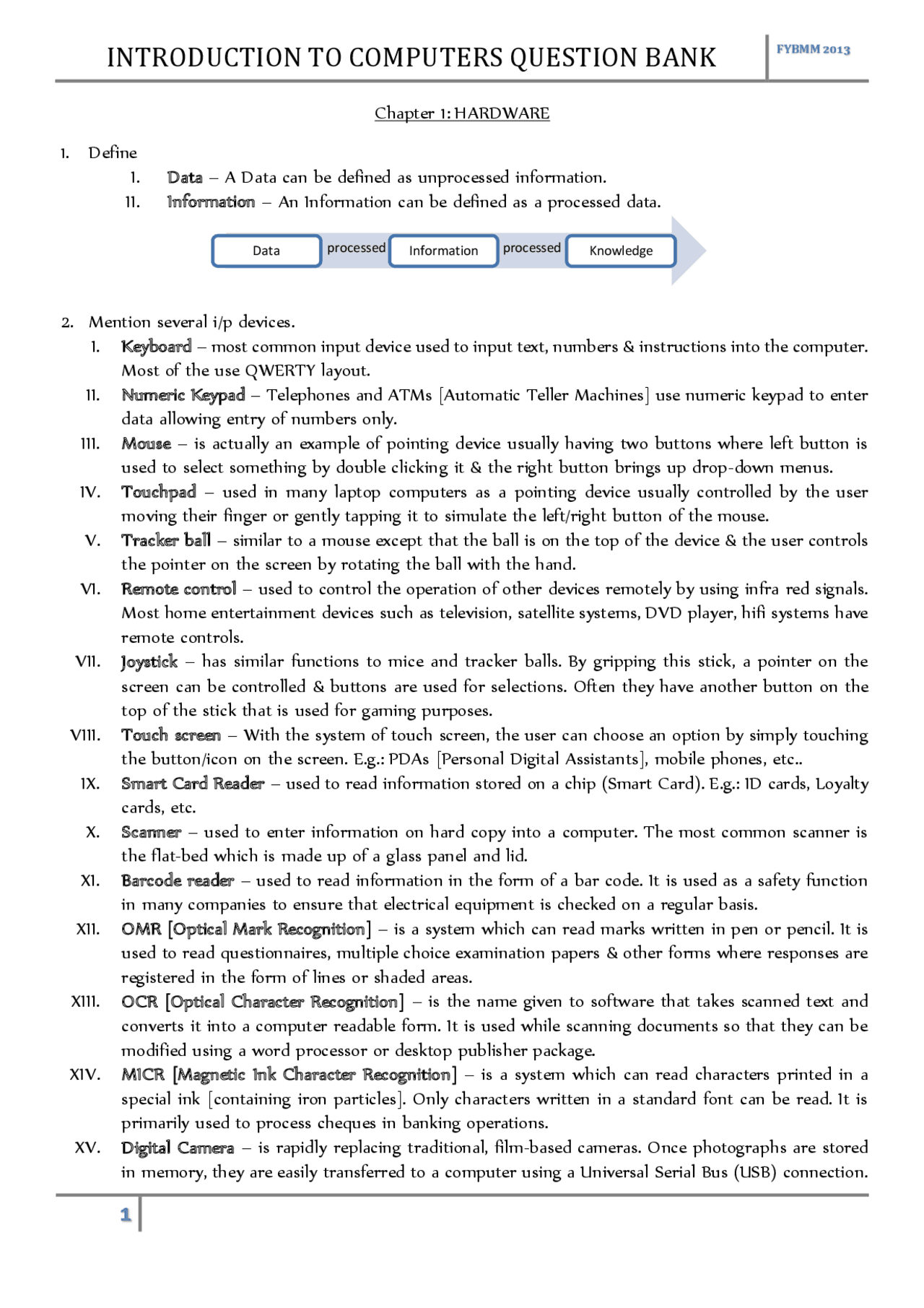 Introduction To Computers Question Bank Slides Introduction To Computers Docsity