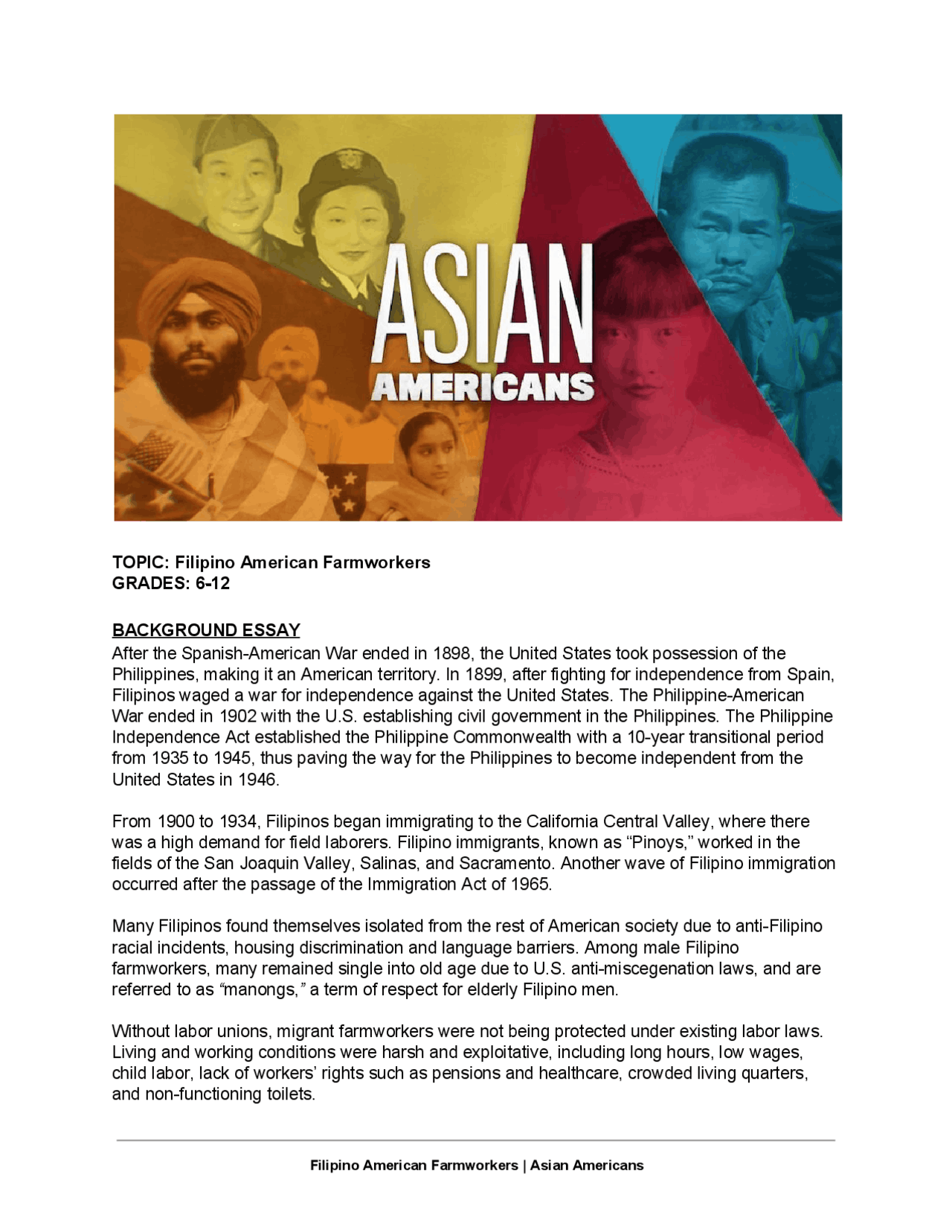 TOPIC: Filipino American Farmworkers GRADES: 6 | Study notes Spanish ...