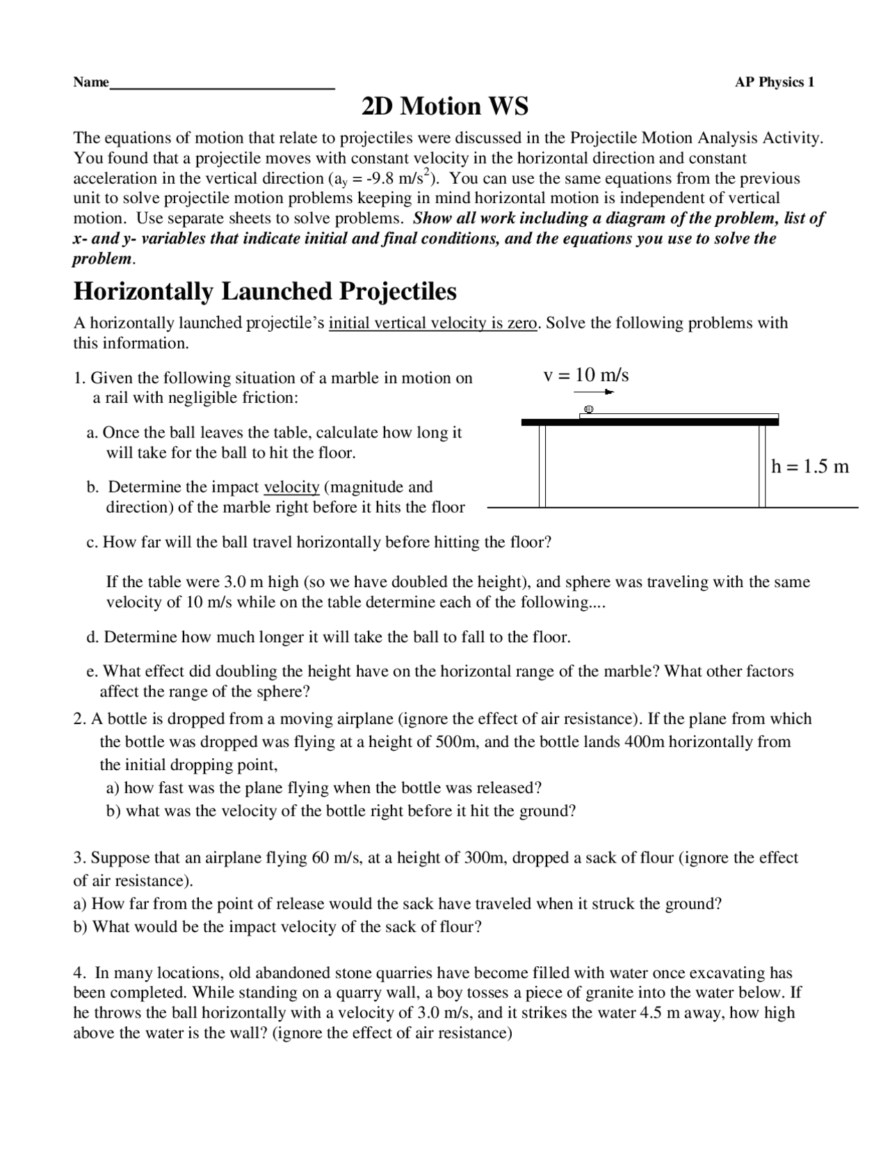 2D Motion WS Horizontally Launched Projectiles | Exercises Physics ...
