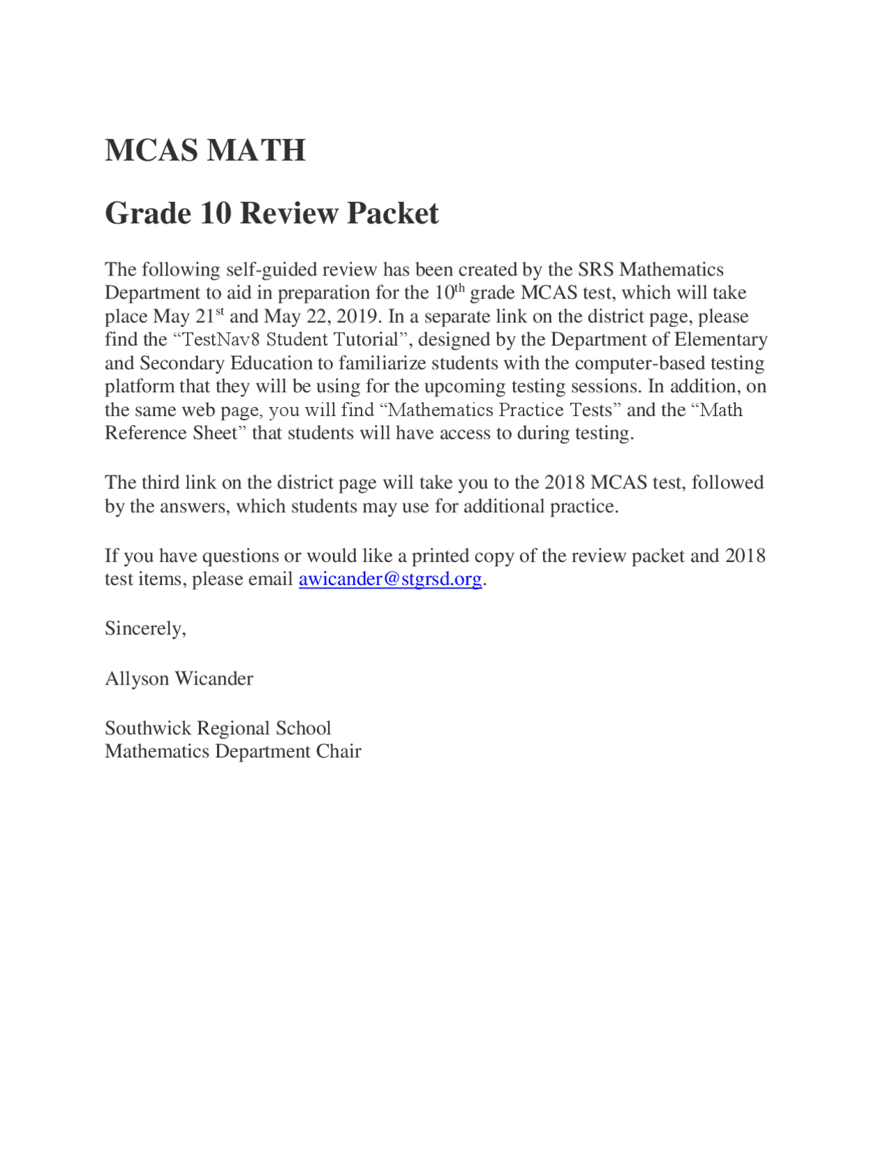 MCAS MATH Grade 10 Review Packet | Study notes Mathematics | Docsity