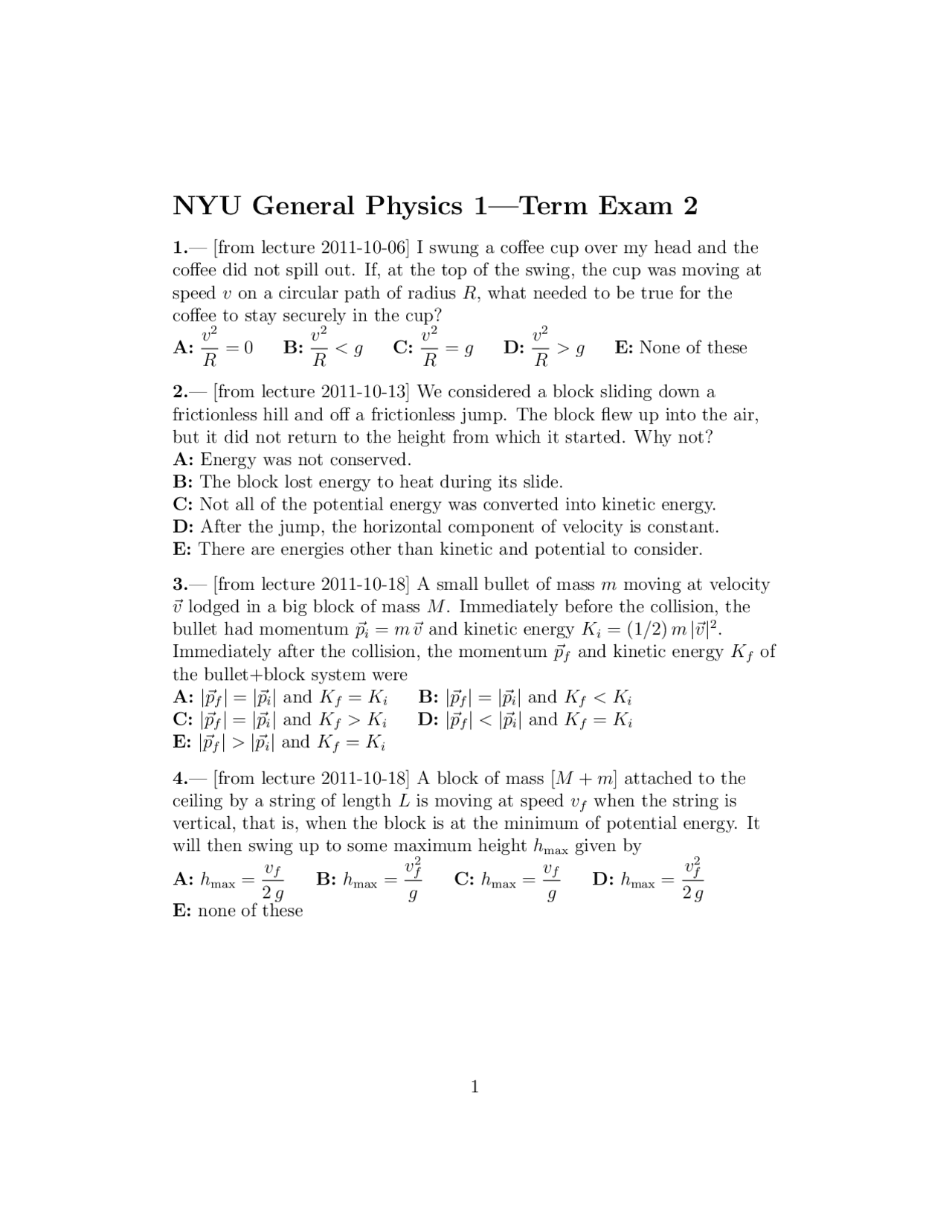 NYU General Physics 1—Term Exam 2 | Slides Physics | Docsity