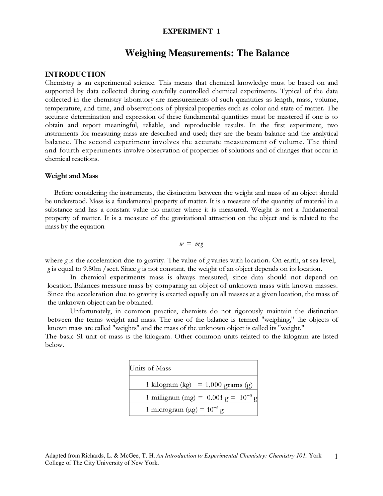 Experiment 1 Weighing Measurements Spring 2010 | Assignments Chemistry ...
