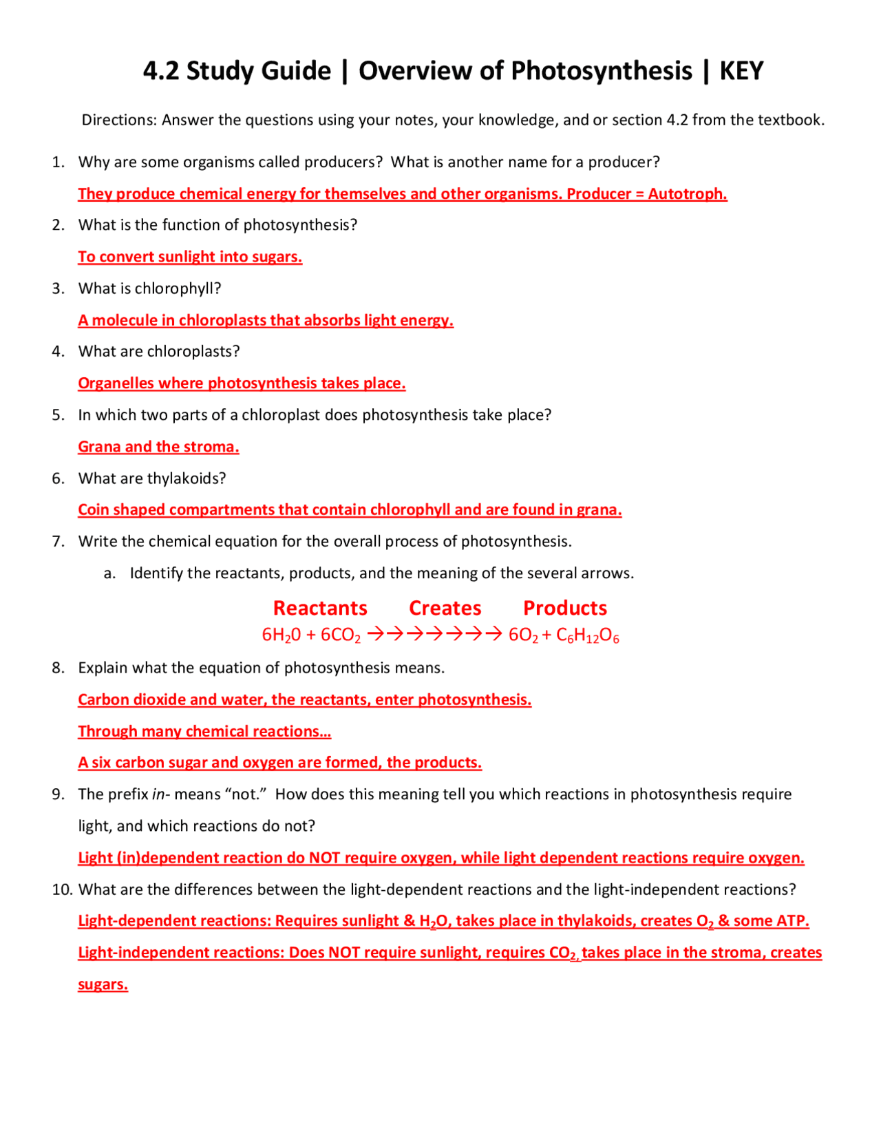 4.2 Study Guide | Overview of Photosynthesis | KEY | Assignments ...