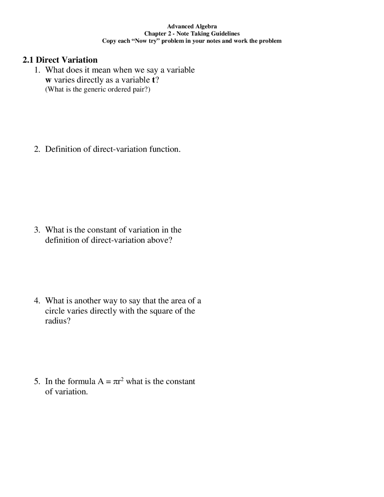 2.1 Direct Variation 1. What does it mean when we say a ...