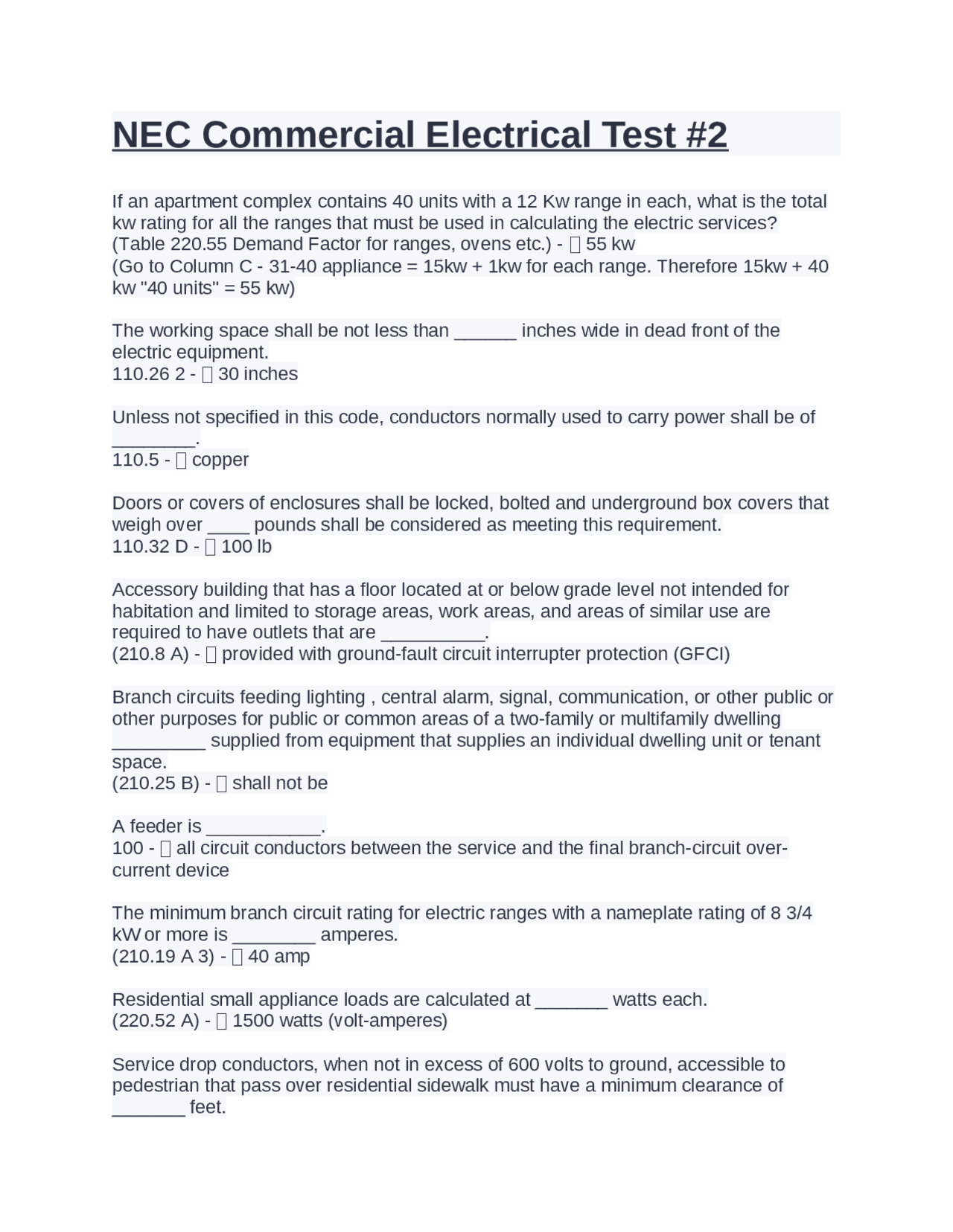 NEC Commercial Electrical Test #2. | Exams Nursing | Docsity