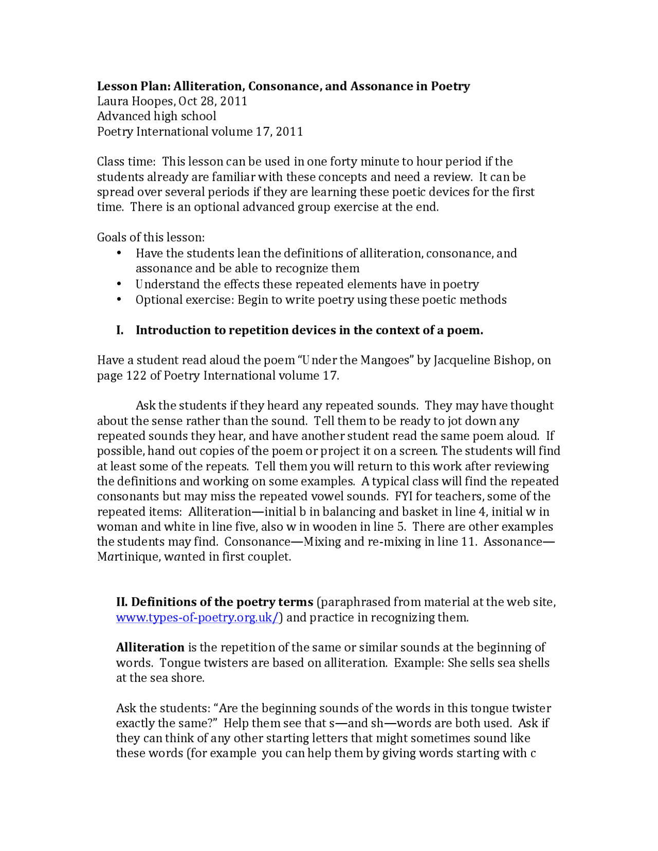 Lesson Plan: Alliteration, Consonance, and Assonance in Poetry ...