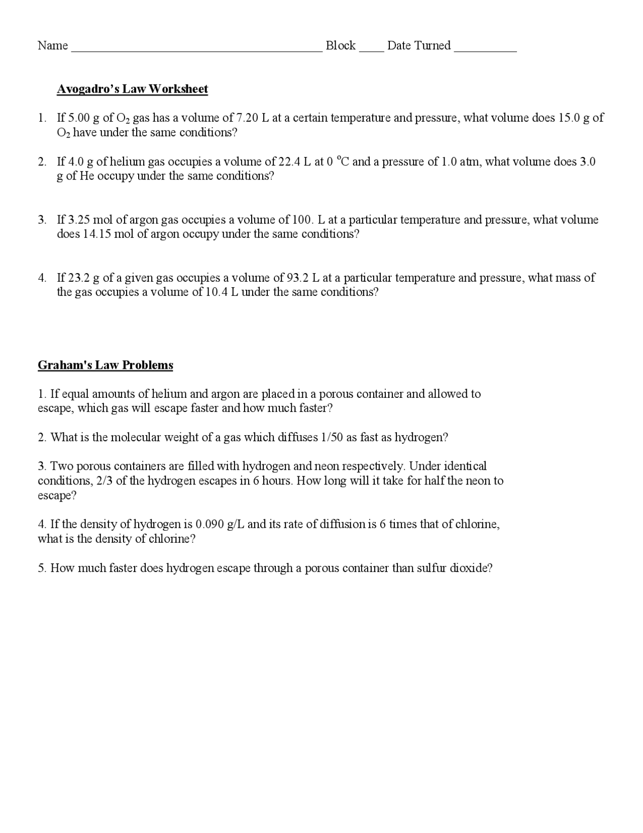 Avogadro's Law Worksheet 1. If 5.00 g of O2 ga | Exams Law | Docsity