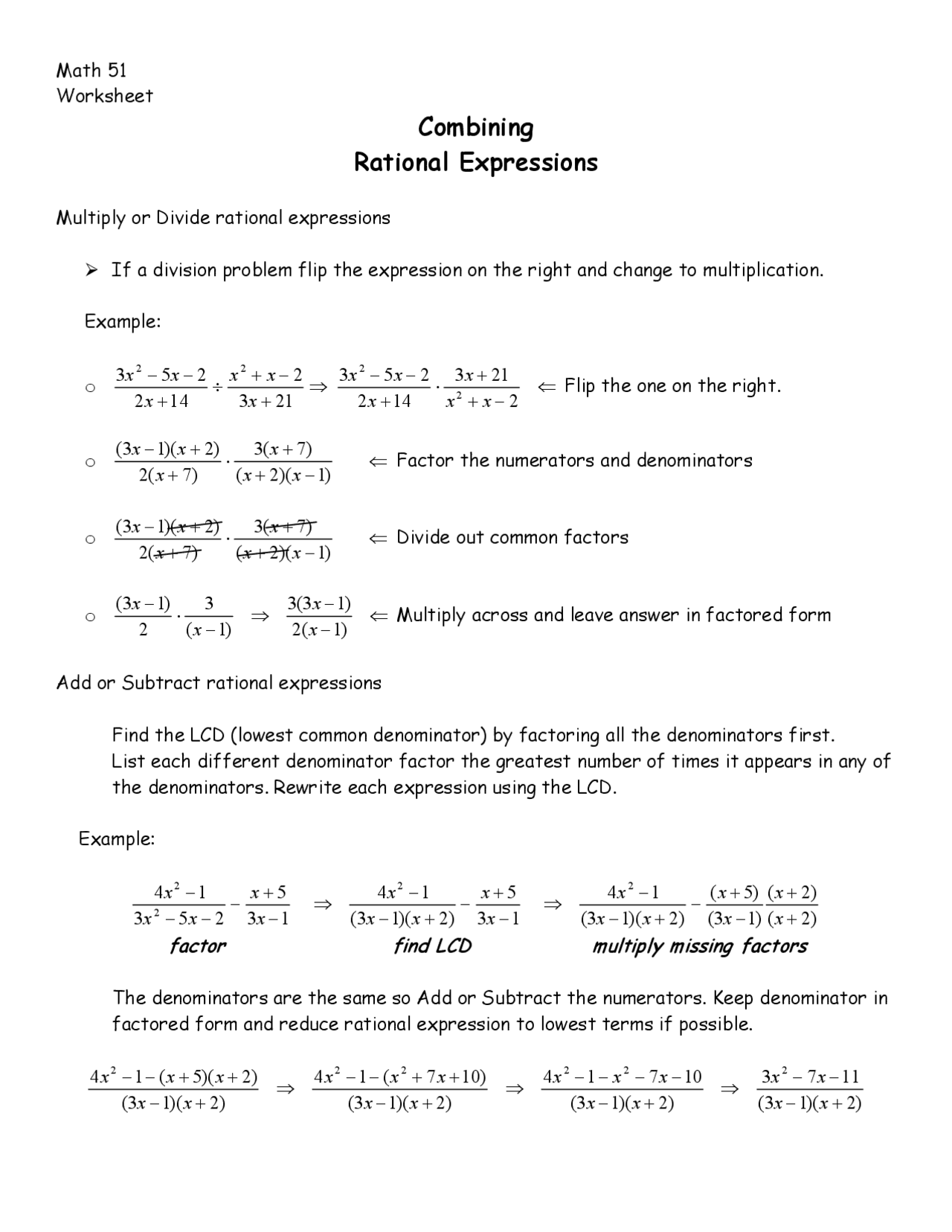 Combining Rational Expressions | Study notes Algebra | Docsity