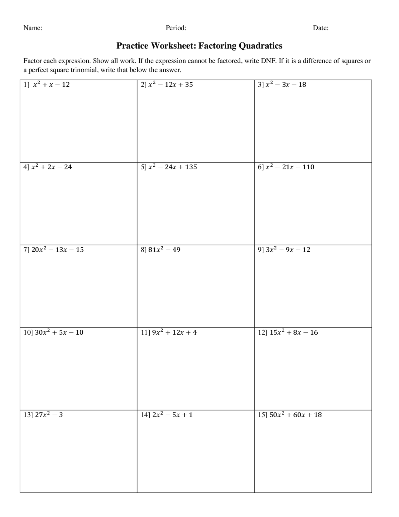 Factoring Quadratics - Practice Worksheet | Lecture notes Calculus ...