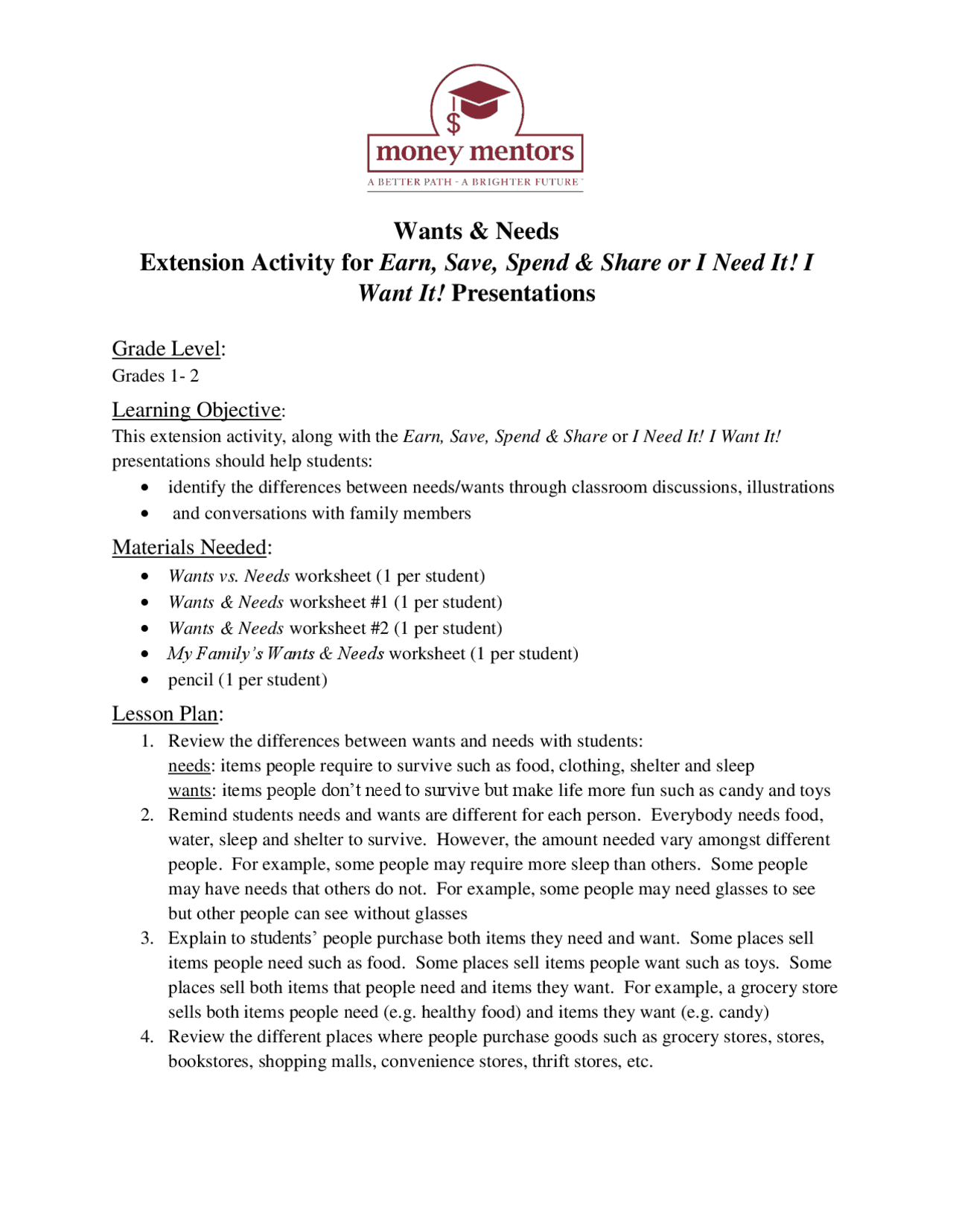 Wants & Needs Extension Activity for Earn, Save, Spend ... | Lecture ...