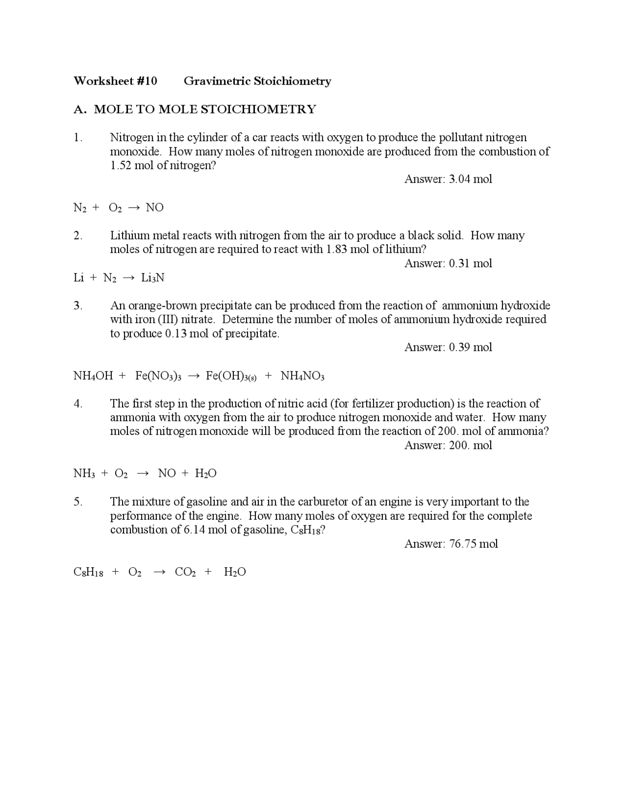 Worksheet #10 Gravimetric Stoichiometry | Study Guides, Projects ...