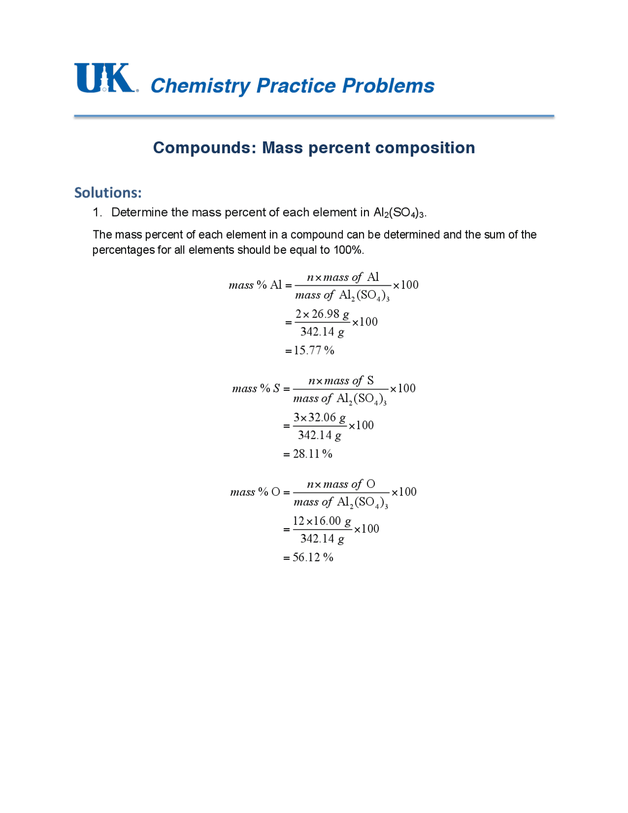 Compounds: Mass percent composition | Study notes Chemistry | Docsity