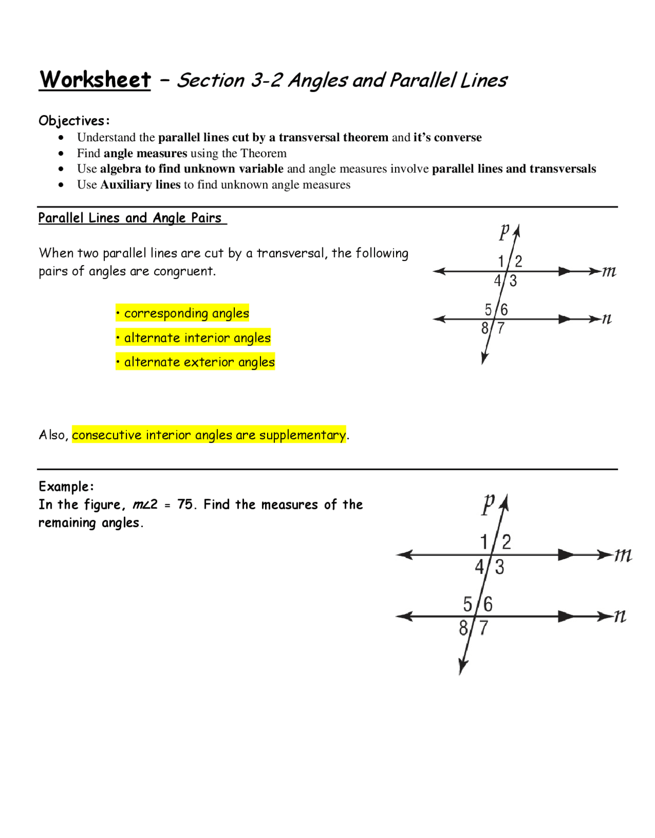 Angles Formed By Parallel Lines And Transversals Worksheet Doc