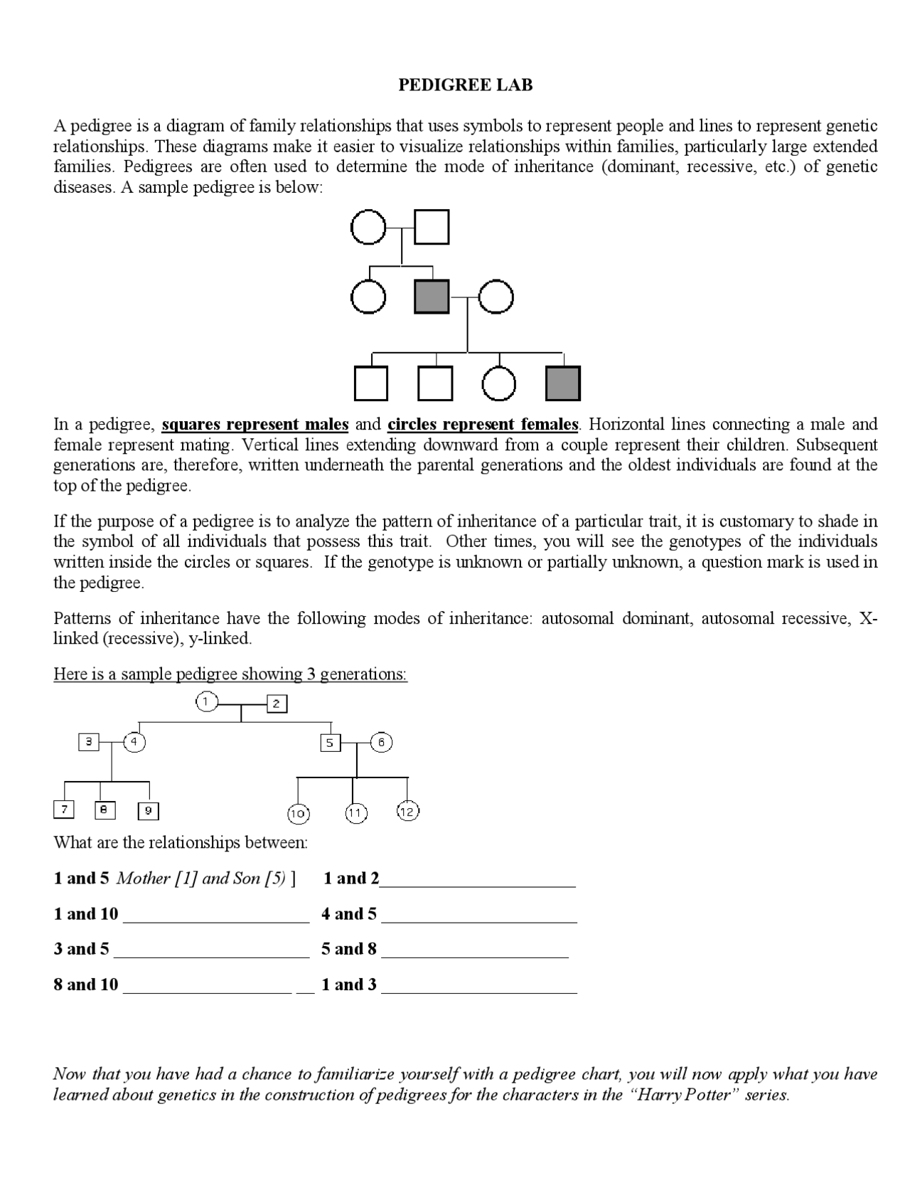 PEDIGREE LAB | Study Guides, Projects, Research Genetics | Docsity