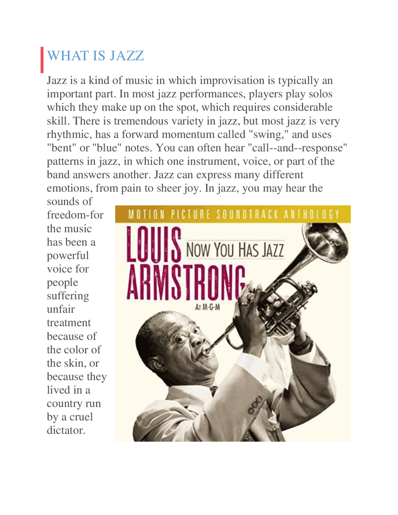 WHAT IS JAZZ | Assignments Jazz music - Docsity