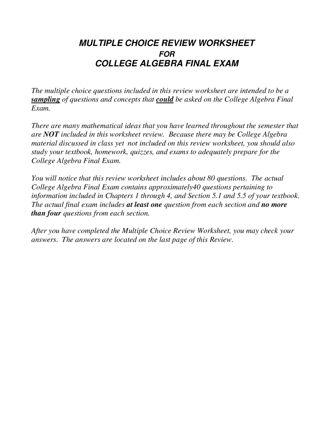 Multiple choice review worksheet | Schemes and Mind Maps Algebra | Docsity