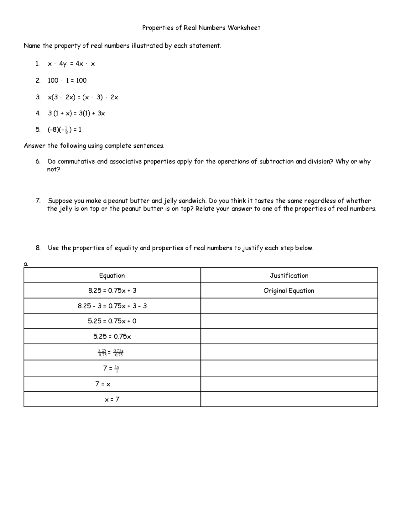 Properties of Real Numbers Worksheet Solutions and Justifications ...