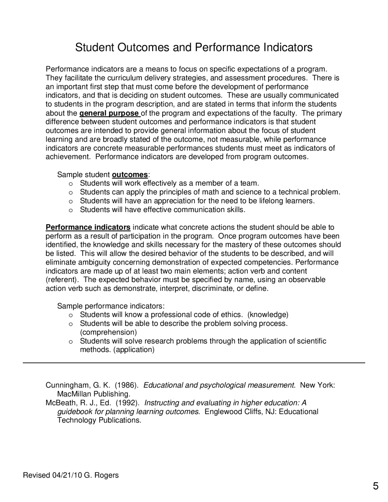 Student Outcomes and Performance Indicators: A Guide for Higher ...